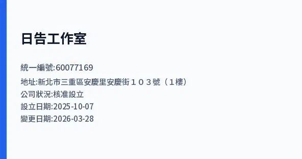 日告工作室的照片-統編 60077169(新北市) 公司登記資料與營業項目詳細圖表