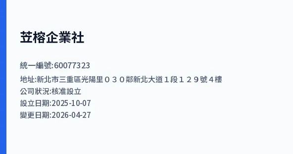 苙榕企業社的照片-統編 60077323(新北市) 公司登記資料與營業項目詳細圖表