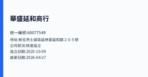 華盛延和商行的照片-統編 60077549(新北市) 公司登記資料與營業項目詳細圖表