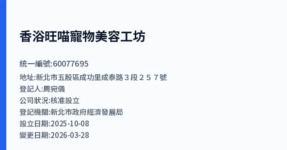 香浴旺喵寵物美容工坊的照片-統編 60077695(新北市) 公司登記資料與營業項目詳細圖表