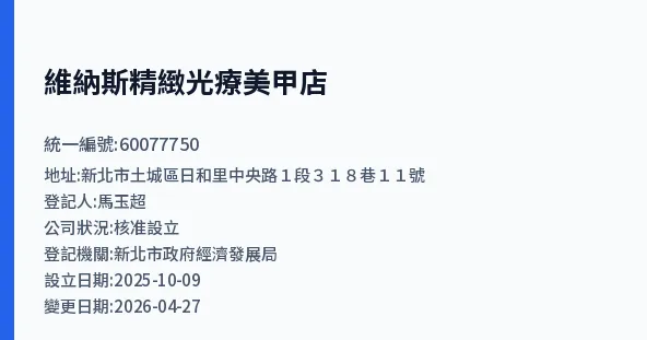 維納斯精緻光療美甲店的照片-統編 60077750(新北市) 公司登記資料與營業項目詳細圖表