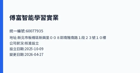傅富智能學習實業的照片-統編 60077935(新北市) 公司登記資料與營業項目詳細圖表