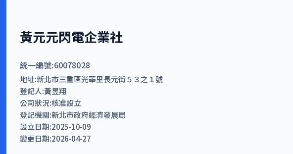 黃元元閃電企業社的照片-統編 60078028(新北市) 公司登記資料與營業項目詳細圖表