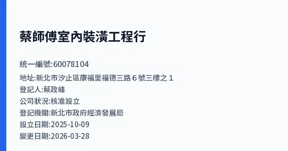 蔡師傅室內裝潢工程行的照片-統編 60078104(新北市) 公司登記資料與營業項目詳細圖表