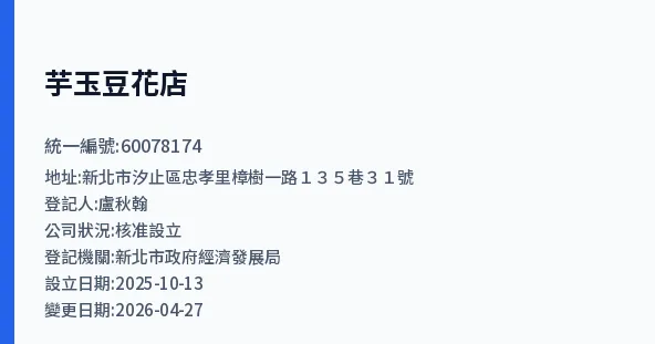 芋玉豆花店的照片-統編 60078174(新北市) 公司登記資料與營業項目詳細圖表