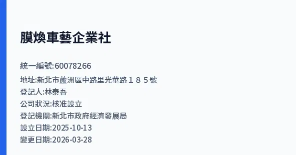 膜煥車藝企業社的照片-統編 60078266(新北市) 公司登記資料與營業項目詳細圖表