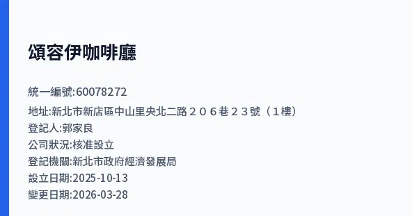 頌容伊咖啡廳的照片-統編 60078272(新北市) 公司登記資料與營業項目詳細圖表