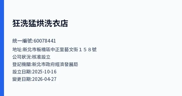 狂洗猛烘洗衣店的照片-統編 60078441(新北市) 公司登記資料與營業項目詳細圖表