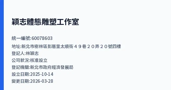 穎志體態雕塑工作室的照片-統編 60078603(新北市) 公司登記資料與營業項目詳細圖表
