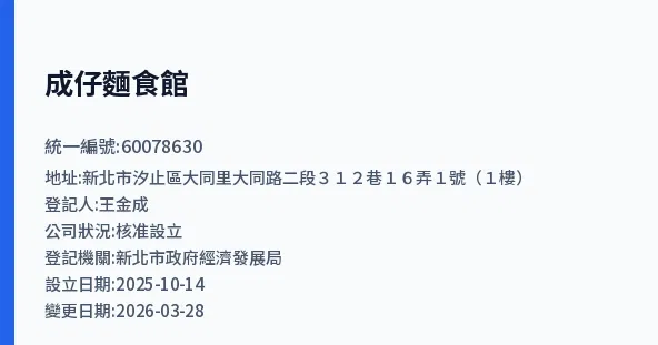 成仔麵食館的照片-統編 60078630(新北市) 公司登記資料與營業項目詳細圖表