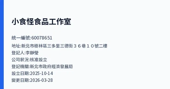 小食怪食品工作室的照片-統編 60078651(新北市) 公司登記資料與營業項目詳細圖表