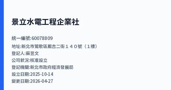 景立水電工程企業社的照片-統編 60078809(新北市) 公司登記資料與營業項目詳細圖表