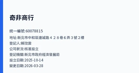 奇非商行的照片-統編 60078815(新北市) 公司登記資料與營業項目詳細圖表