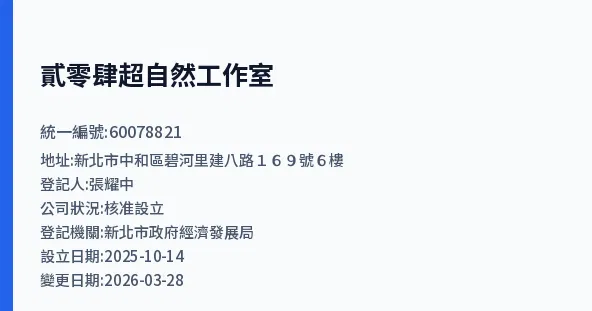 貳零肆超自然工作室的照片-統編 60078821(新北市) 公司登記資料與營業項目詳細圖表