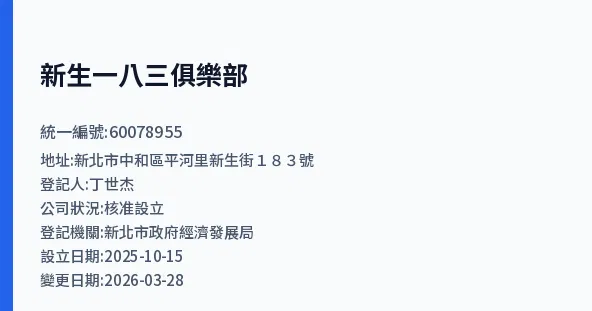 新生一八三俱樂部的照片-統編 60078955(新北市) 公司登記資料與營業項目詳細圖表