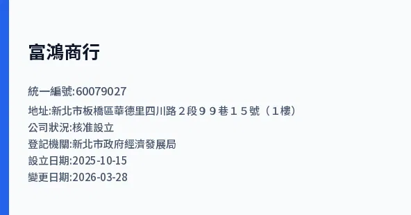 富鴻商行的照片-統編 60079027(新北市) 公司登記資料與營業項目詳細圖表