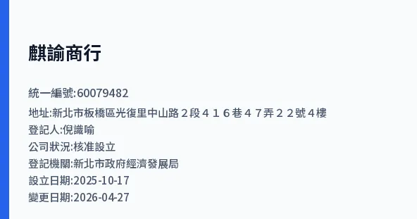 麒諭商行的照片-統編 60079482(新北市) 公司登記資料與營業項目詳細圖表