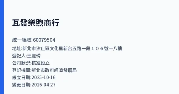 瓦發樂煦商行的照片-統編 60079504(新北市) 公司登記資料與營業項目詳細圖表