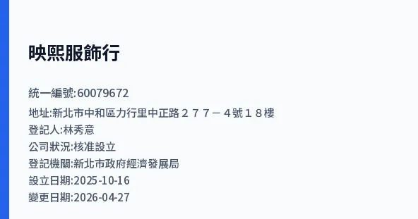 映熙服飾行的照片-統編 60079672(新北市) 公司登記資料與營業項目詳細圖表