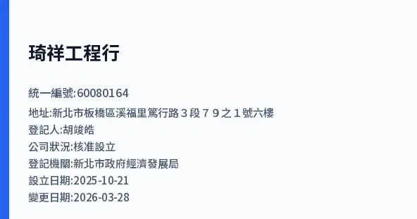 琦祥工程行的照片-統編 60080164(新北市) 公司登記資料與營業項目詳細圖表