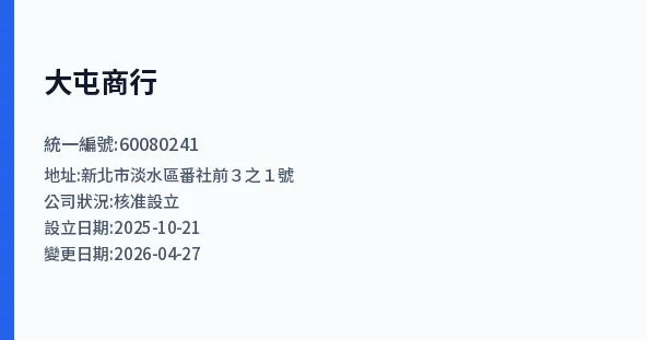 大屯商行的照片-統編 60080241(新北市) 公司登記資料與營業項目詳細圖表