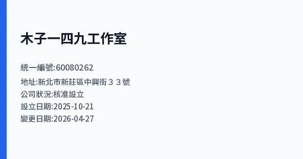 木子一四九工作室的照片-統編 60080262(新北市) 公司登記資料與營業項目詳細圖表