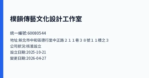樸韻傳藝文化設計工作室的照片-統編 60080544(新北市) 公司登記資料與營業項目詳細圖表
