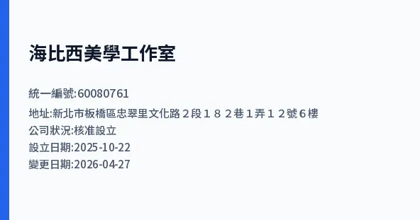 海比西美學工作室的照片-統編 60080761(新北市) 公司登記資料與營業項目詳細圖表