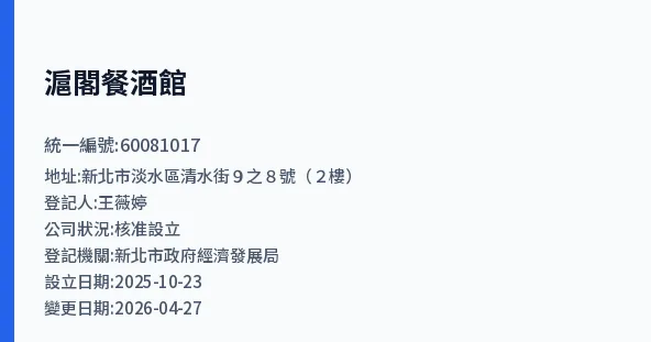 滬閣餐酒館的照片-統編 60081017(新北市) 公司登記資料與營業項目詳細圖表