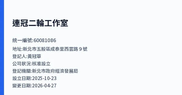 連冠二輪工作室的照片-統編 60081086(新北市) 公司登記資料與營業項目詳細圖表