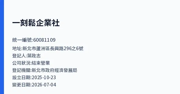 一刻鬆企業社的照片-統編 60081109(新北市) 公司登記資料與營業項目詳細圖表