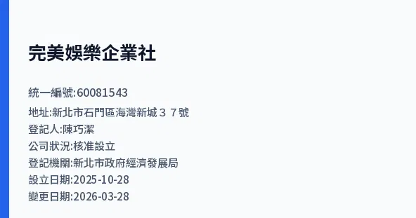 完美娛樂企業社的照片-統編 60081543(新北市) 公司登記資料與營業項目詳細圖表