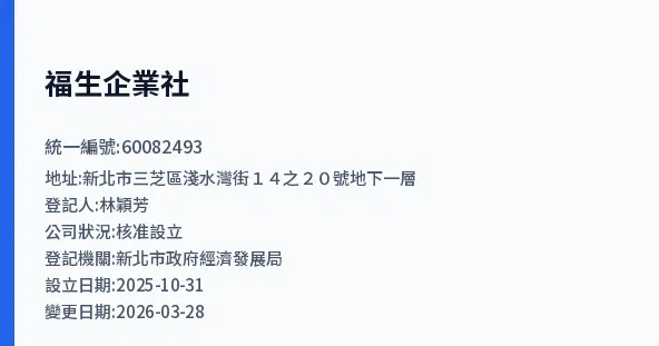 福生企業社的照片-統編 60082493(新北市) 公司登記資料與營業項目詳細圖表