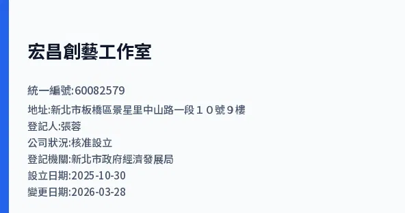 宏昌創藝工作室的照片-統編 60082579(新北市) 公司登記資料與營業項目詳細圖表