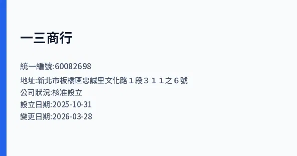 一三商行的照片-統編 60082698(新北市) 公司登記資料與營業項目詳細圖表