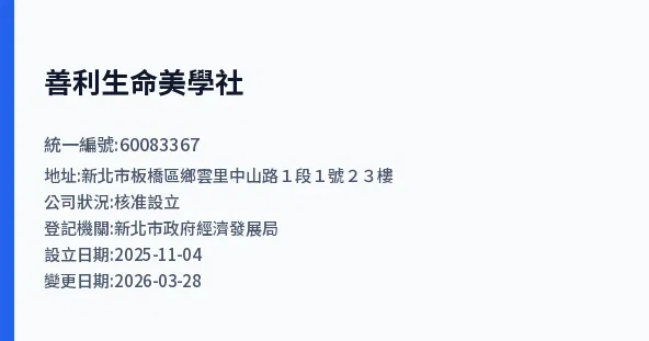 善利生命美學社的照片-統編 60083367(新北市) 公司登記資料與營業項目詳細圖表