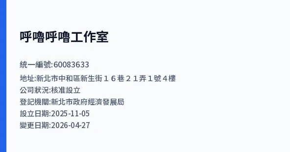 呼嚕呼嚕工作室的照片-統編 60083633(新北市) 公司登記資料與營業項目詳細圖表