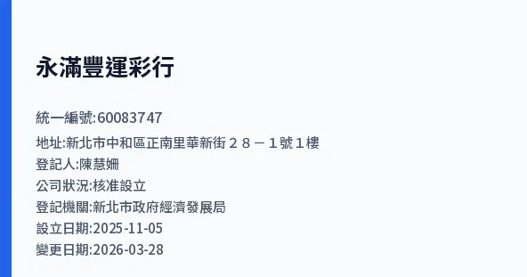 永滿豐運彩行的照片-統編 60083747(新北市) 公司登記資料與營業項目詳細圖表