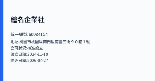 繪名企業社的照片-統編 60084154(桃園市) 公司登記資料與營業項目詳細圖表