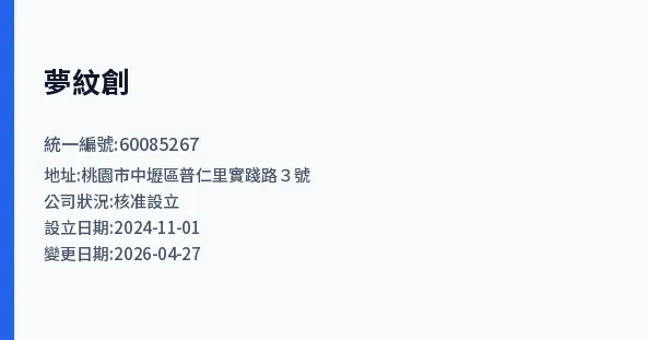 夢紋創的照片-統編 60085267(桃園市) 公司登記資料與營業項目詳細圖表