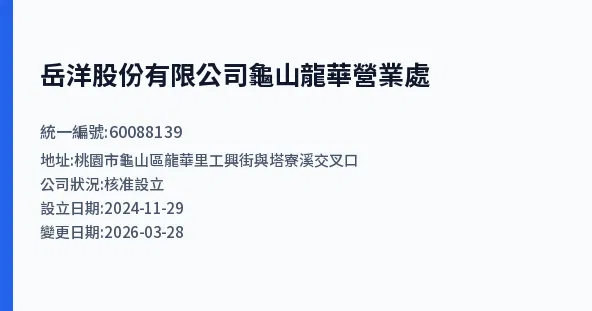 岳洋股份有限公司龜山龍華營業處的照片-統編 60088139(桃園市) 公司登記資料與營業項目詳細圖表