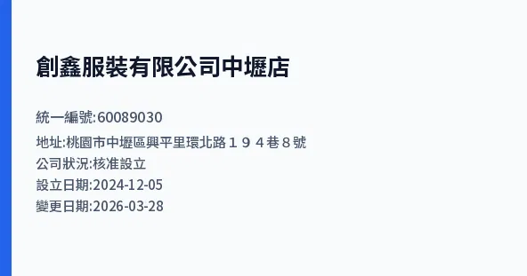 創鑫服裝有限公司中壢店的照片-統編 60089030(桃園市) 公司登記資料與營業項目詳細圖表