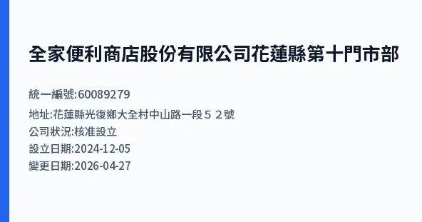 全家便利商店股份有限公司花蓮縣第十門市部的照片-統編 60089279(花蓮縣) 公司登記資料與營業項目詳細圖表