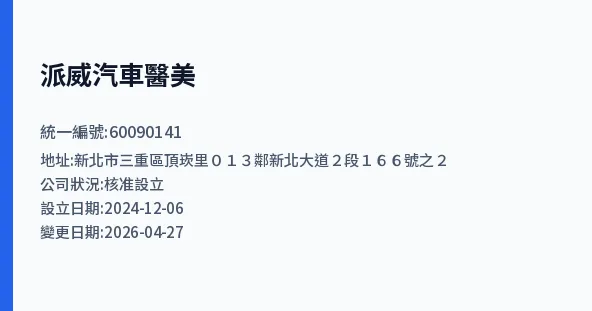 派威汽車醫美的照片-統編 60090141(新北市) 公司登記資料與營業項目詳細圖表