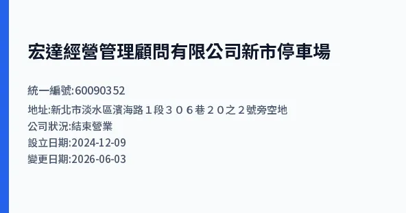 宏達經營管理顧問有限公司新市停車場的照片-統編 60090352(新北市) 公司登記資料與營業項目詳細圖表