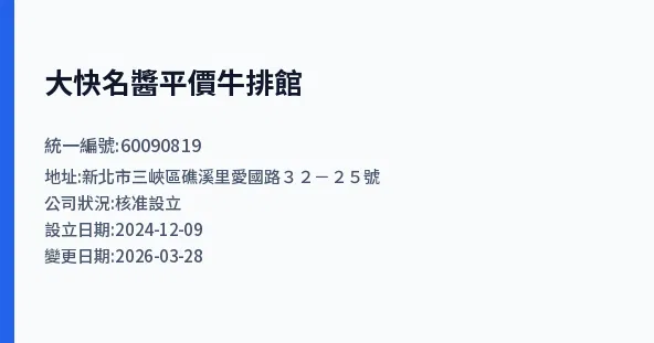 大快名醬平價牛排館的照片-統編 60090819(新北市) 公司登記資料與營業項目詳細圖表