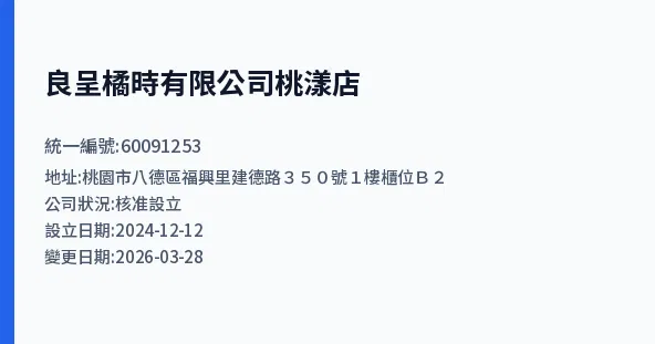 良呈橘時有限公司桃漾店的照片-統編 60091253(桃園市) 公司登記資料與營業項目詳細圖表