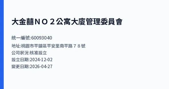 大金囍NO2公寓大廈管理委員會的照片-統編 60093040(桃園市) 公司登記資料與營業項目詳細圖表