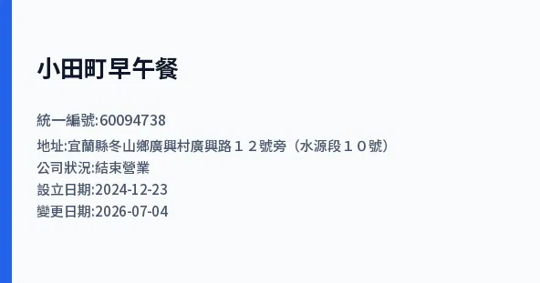 小田町早午餐的照片-統編 60094738(宜蘭縣) 公司登記資料與營業項目詳細圖表
