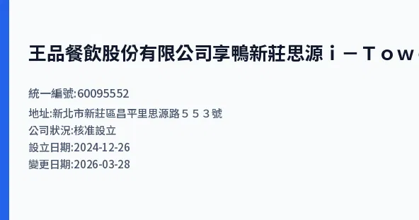王品餐飲股份有限公司享鴨新莊思源i-Tower店的照片-統編 60095552(新北市) 公司登記資料與營業項目詳細圖表